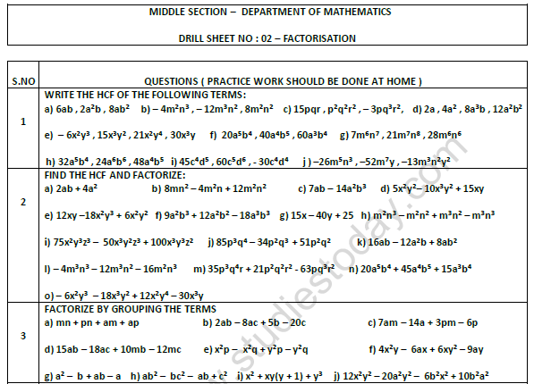 Class 8 Maths Factorisation Worksheet Set A